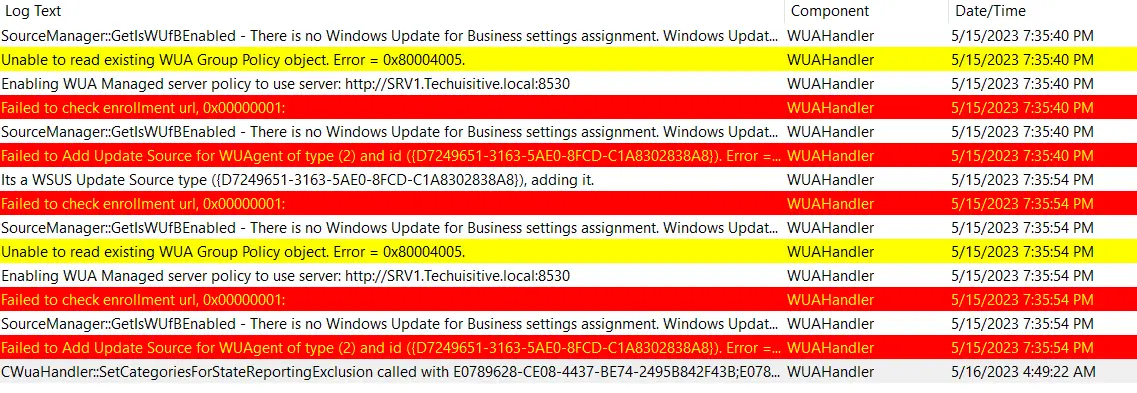 Failed To Add Update Source For Wuagent Of Type 2 And Id Id Error