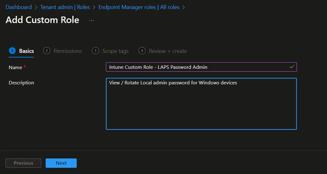 How To Create Custom Rbac Role In Intune For Laps Password